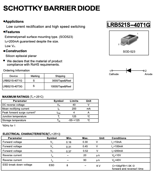 DIODE LRC LRB751S-40T1G SOD-523 Schottky Barrier 40V 2-Pin