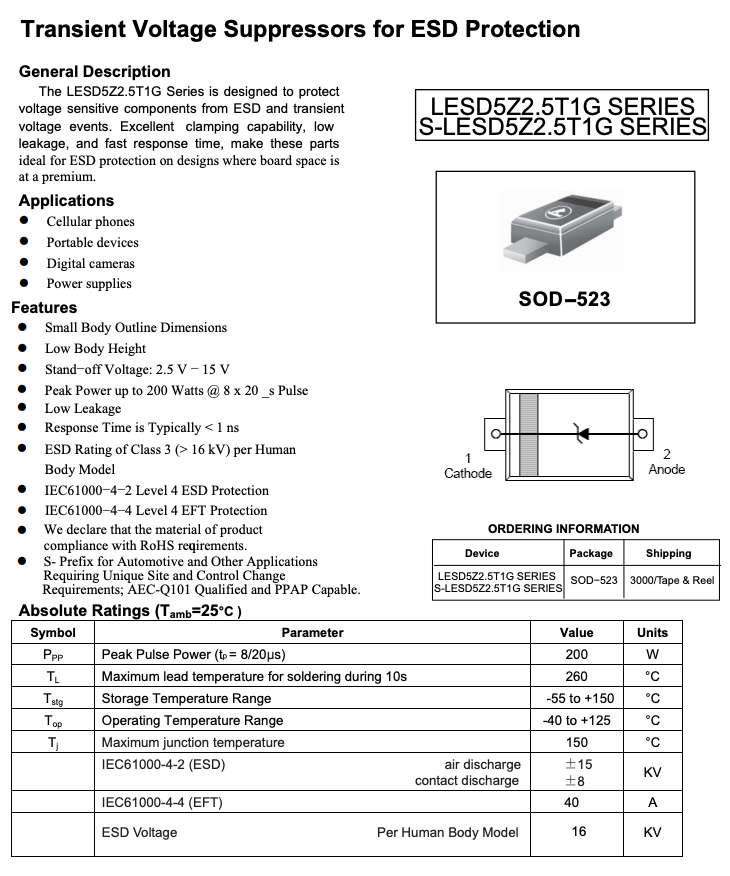 Diode LRC LESD5Z5.0T1G SOD-523 TVS Single 5V 0.2W 2-Pin