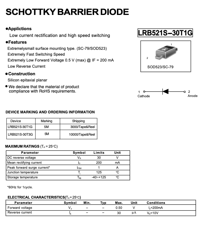 Diode LRC LRB521S-30T1G SOD-523 Schottky Barrier