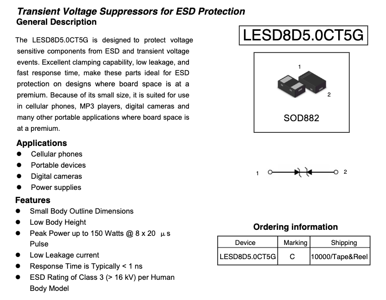 Diode LRC LESD8D5.0CT5G SOD882 TVS Dual Bi-Directional 5V 150W 2-Pin